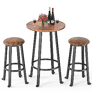 Aiho Bar Table and Chairs Set for 2 with Upholstered Stools, 3 Pieces Pub Table and Chairs, Modern Pub Dining Set for Small Place - Rustic Brown