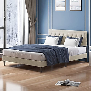 Mjkone Queen Size Bed Frame with Adjustable Headboard,Platform Bed Frame with Button Tufted Linen Fabric,Upholstered Bed with Strong Metal Frame/Wood Slats Support,Easy Assembly-Beige