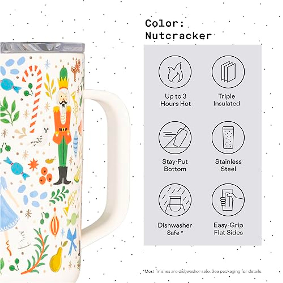Corkcicle x Rifle Paper Co. Nutcracker Ballet Insulated Coffee Mug with Lid and Handle, 16 oz – Travel Mug Keeps Drinks Hot 3hrs – Non-Slip, Easy-Grip, Spill-Resistant Tumbler