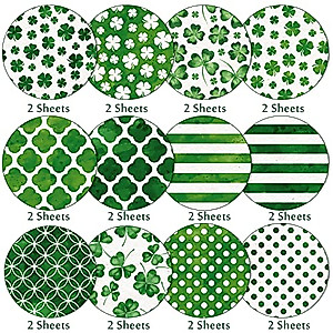 Whaline 12 Designs St. Patrick's Day Pattern Paper Pack 24 Sheet Green Shamrock Stripe Clover Dot Scrapbook Paper Double-Sided Decorative Craft Paper Folded Flat for Card Making Scrapbook, 30 x 30cm