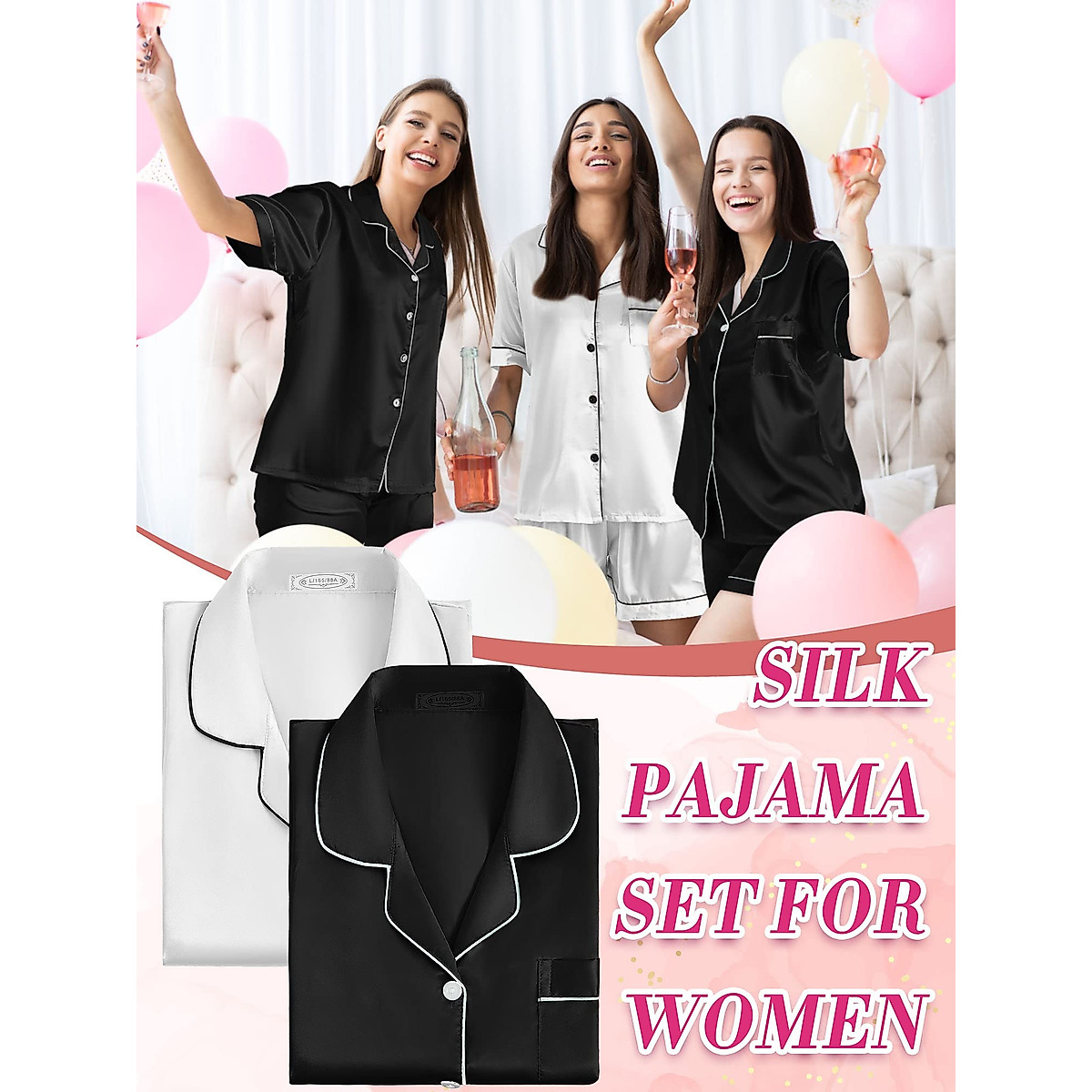 Unittype 7 Sets Womens Silk Satin Pajamas Set Two-Piece Sleepwear Loungewear for Sleepover Bridesmaid Wedding Slumber Party (as1, alpha, jaspo_m, White, Black)