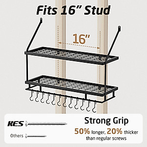 KES 30-Inch Kitchen Pot Rack - Mounted Hanging Rack for Kitchen Storage and Organization- Matte Black 2-Tier Wall Shelf for Pots and Pans with 12 Hooks - KUR215S75B-BK