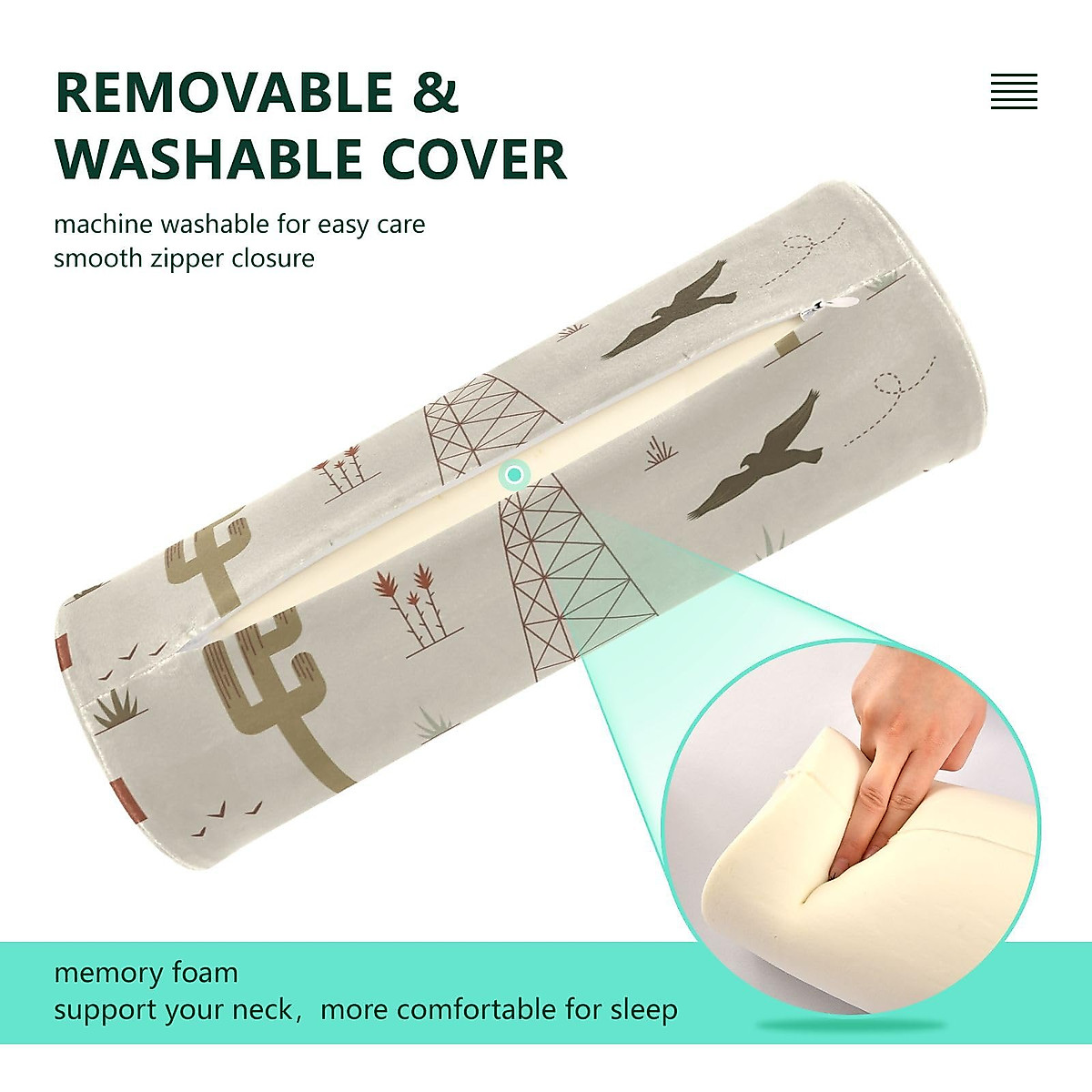 xigua Western Desert Pattern Neck Roll Pillow for Neck Relief with Removable Washable Cover - Memory Foam Round Cylinder Bolster, Ergonomically Designed for Head, Neck, Back, and Legs