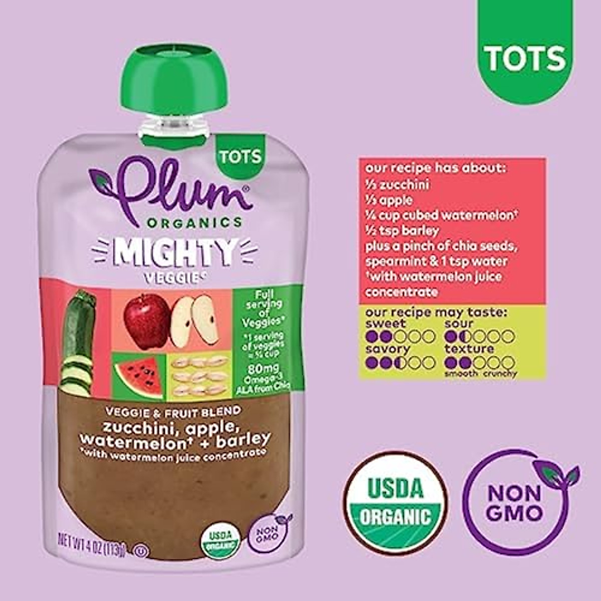 Plum Organics Mighty Veggie Organic Toddler Food - Zucchini, Apple, Watermelon, and Barley - 4 oz Pouch (Pack of 6) - Organic Vegetable Toddler Food Pouch