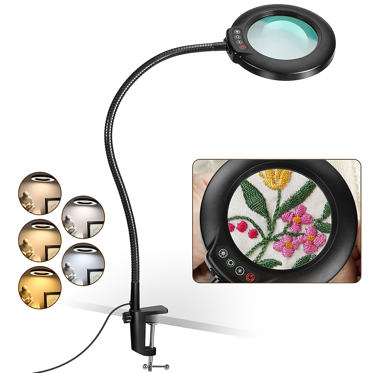 VEEMAGNI 23" Magnifying Glass with Light and Clamp, 5 Color Modes Stepless Dimmable LED Gooseneck Desk Lamp, 5X Real Glass Table Lighted Magnifier Hands Free for Craft Painting Close Work Hobby Sewing