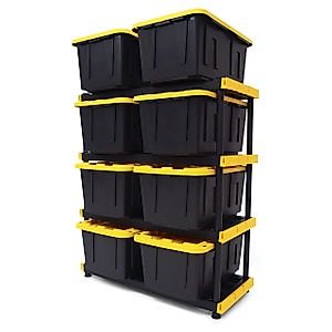 CX Black & Yellow®, Shelving Unit and Heavy Duty Storage Containers, Extremely Durable® (Shelf + 27 Gallon Container (8-Pack))