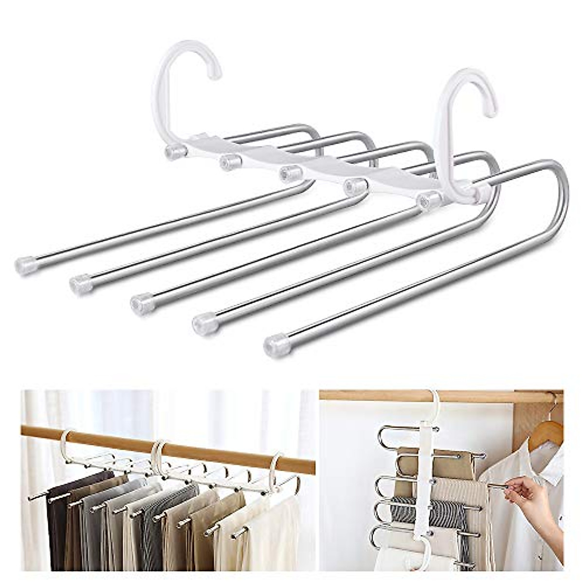 WAOU Massy Pants Hangers Multi-Layer Hanging Pants 5 in 1 Pants Rack Stainless Steel Pants Hangers Folding Storage Rack Space Saver Storage for Trousers Scarf Tie Belt Adjustable(2 Pack)