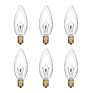 25W B8 Incandescent Clear Chandelier Light Bulb, Torpedo Tip, E12 Candelabra Base, 160 Lumens, Dimmable, 120V, (6 Pack)