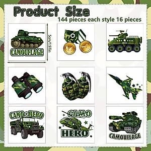 144 Sheets Camouflage Tattoo Camouflage Army Party Favors Military Tank Helicopter Fake Tattoos Stickers for Men Boys, 9 Styles
