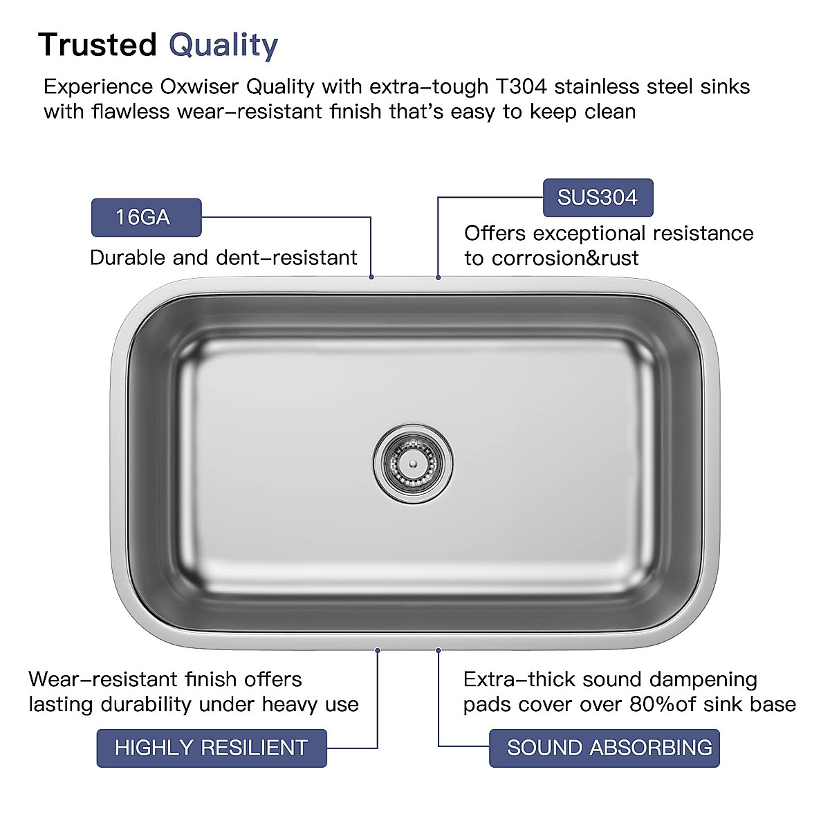 Kitchen Sinks, Oxwiser 30 inch Undermount Kitchen Sink, Single Bowl Kitchen Sink 16 Gauge Stainless Steel Sink, Fits 33" Cabinet