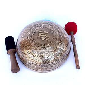 10-Inch Tibetan Mantra Nine Metal Handmade Singing Bowl ~Deep Sound~ for Professional use of Meditation, Sound Therapy and Healing- Ohm Mane Padme Ohm hand carved~ Included Mallet, Cushion & Drumstick