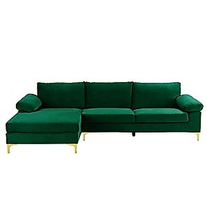 Casa Andrea Milano Modern Sectional Sofa L Shaped Velvet Couch, with Extra Wide Chaise Lounge and Gold Legs, Large, Emerald