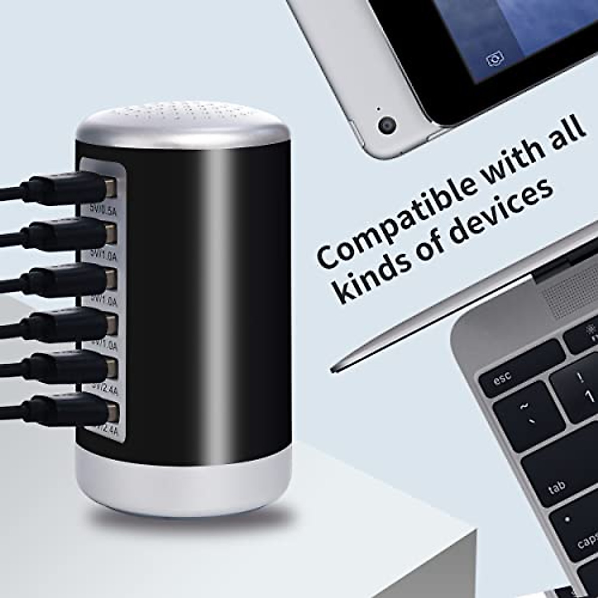 Wyssay 8A(40W) 6-Port Independent Desktop USB Charging Station,Multi Charger Block,USB Fast Charger Compatible with iPhone 13/13pro Max 12/12 Mini/12Pro/12 Pro Max/11,Tablets, Smartphones (Black)