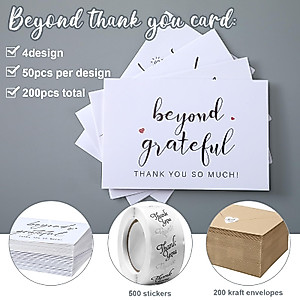 Yeaqee 200 Pack Beyond Grateful Thank You Cards Bulk Thank You Cards with Envelopes and 500 Pcs Matching Stickers 4 x 6 Thank You Cards for Baby Shower Wedding Bridal Shower Business Gratitude Gift