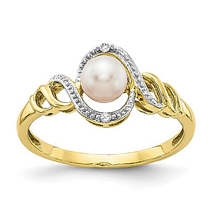 Size 6 - Solid 10k Yellow Gold FW Cultured Pearl Diamond Ring (2mm)