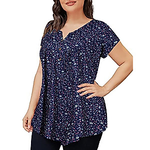 peasant tops for women tunic tops for women loose fit short sleeve flowy shirts Navy blue ditsy floral M