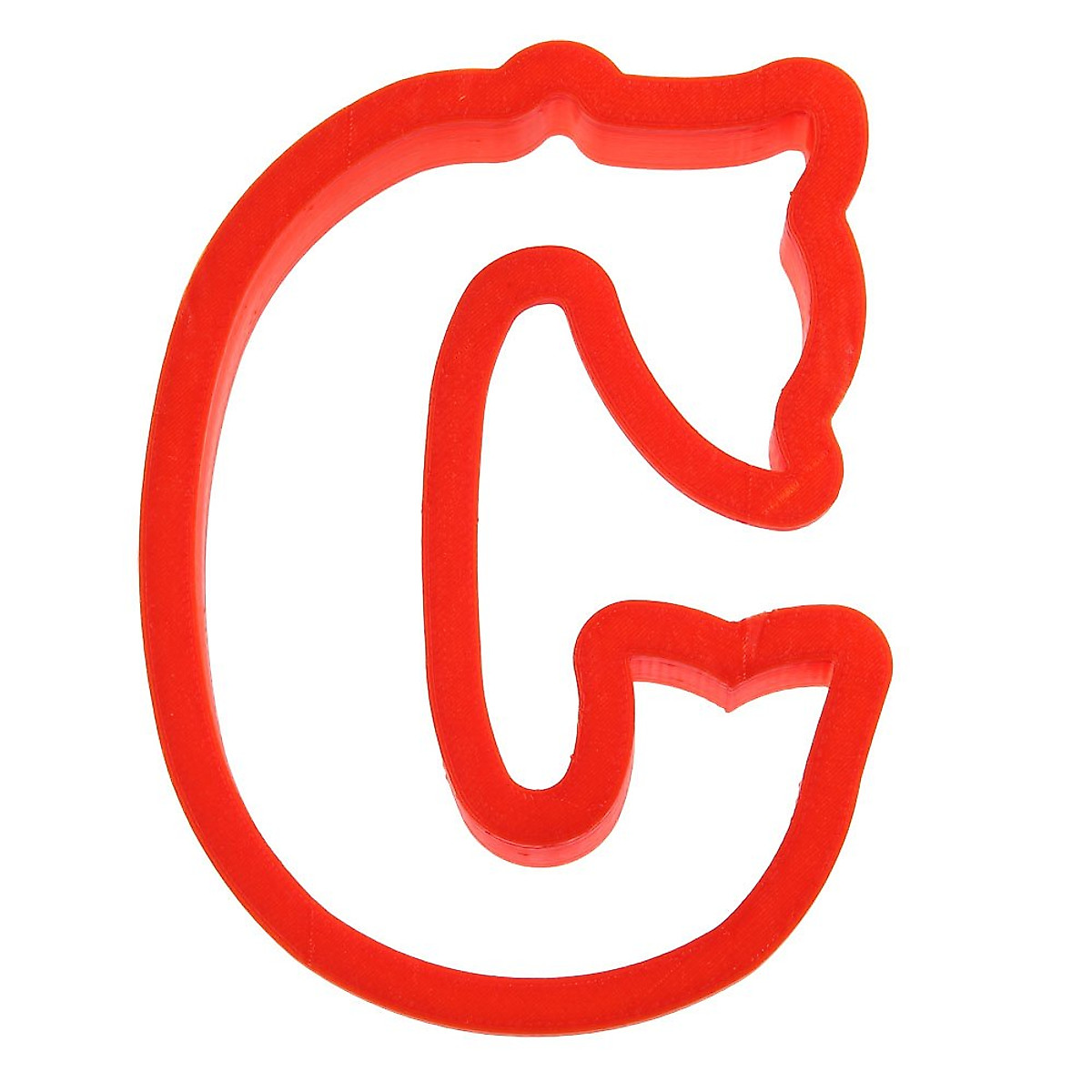 CookieCutterCom brand Curly Letter C cookie cutter is 3.75 inches and made of food safe 3d printed plastic. The color may vary and is made in the USA.