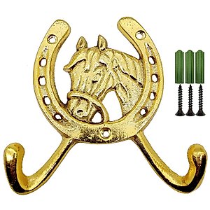 5MOONSUN5 Brass Horseshoe Hook, Rustic Ranch Wall Mounted Coat Hanger, 1.1x4.5x5 inches, 3.5 lbs Weight Capacity, Gold Finish
