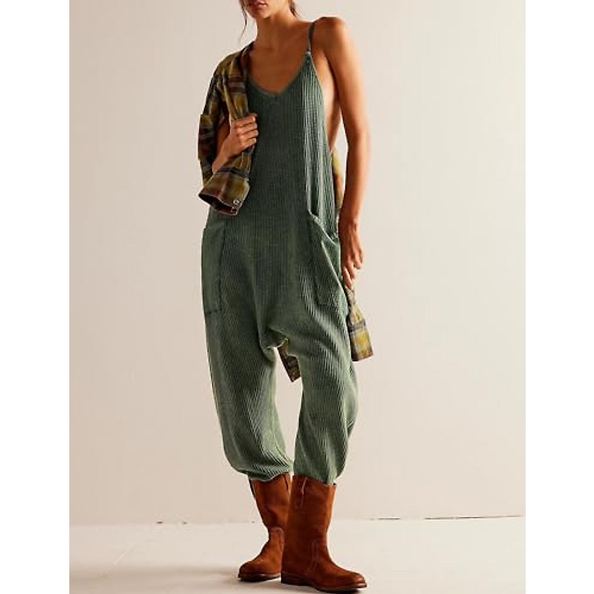 morhuduck Women's Sleeveless Jumpsuits Casual Waffle Knit Rompers V Neck Loose Overalls Spaghetti Strap One Piece Jumpsuits with Pockets,Green S