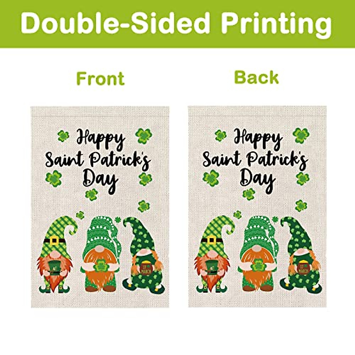 Mocossmy St Patrick's Day Garden Flags, 2 PCS 12.5 X 18 inch Double Sided Irish Gnome Shamrock Welcome Garden Flag Burlap Banner for St Patrick's Day Spring Home Outdoor Yard Lawn Farmhouse Decoration