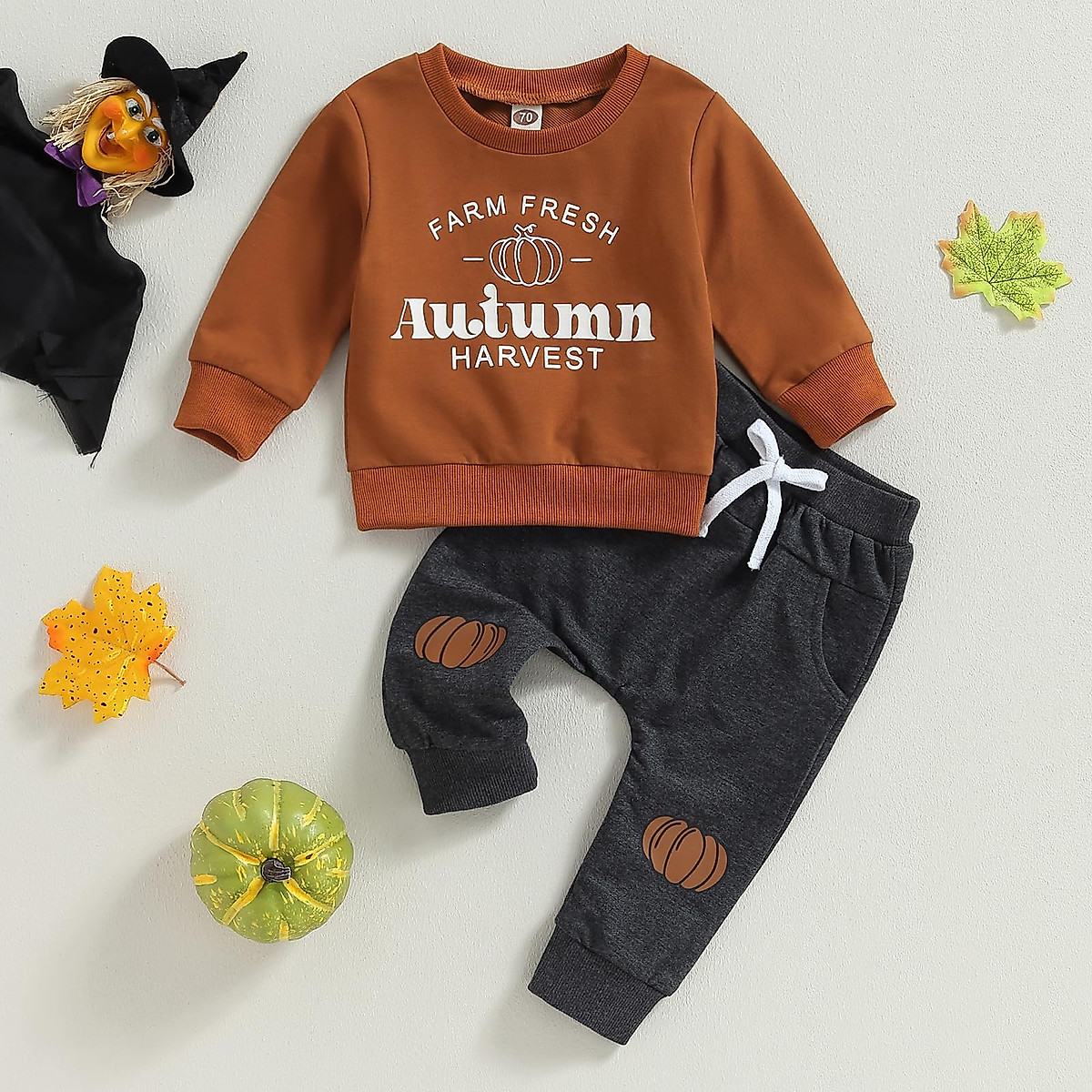 Toddler Baby Boy Halloween Outfits Tracksuit Pumpkin Print Long Sleeve Sweatshirt Elastic Pants Cute Infant Fall Clothes (Earthy Yellow, 18-24 Months)
