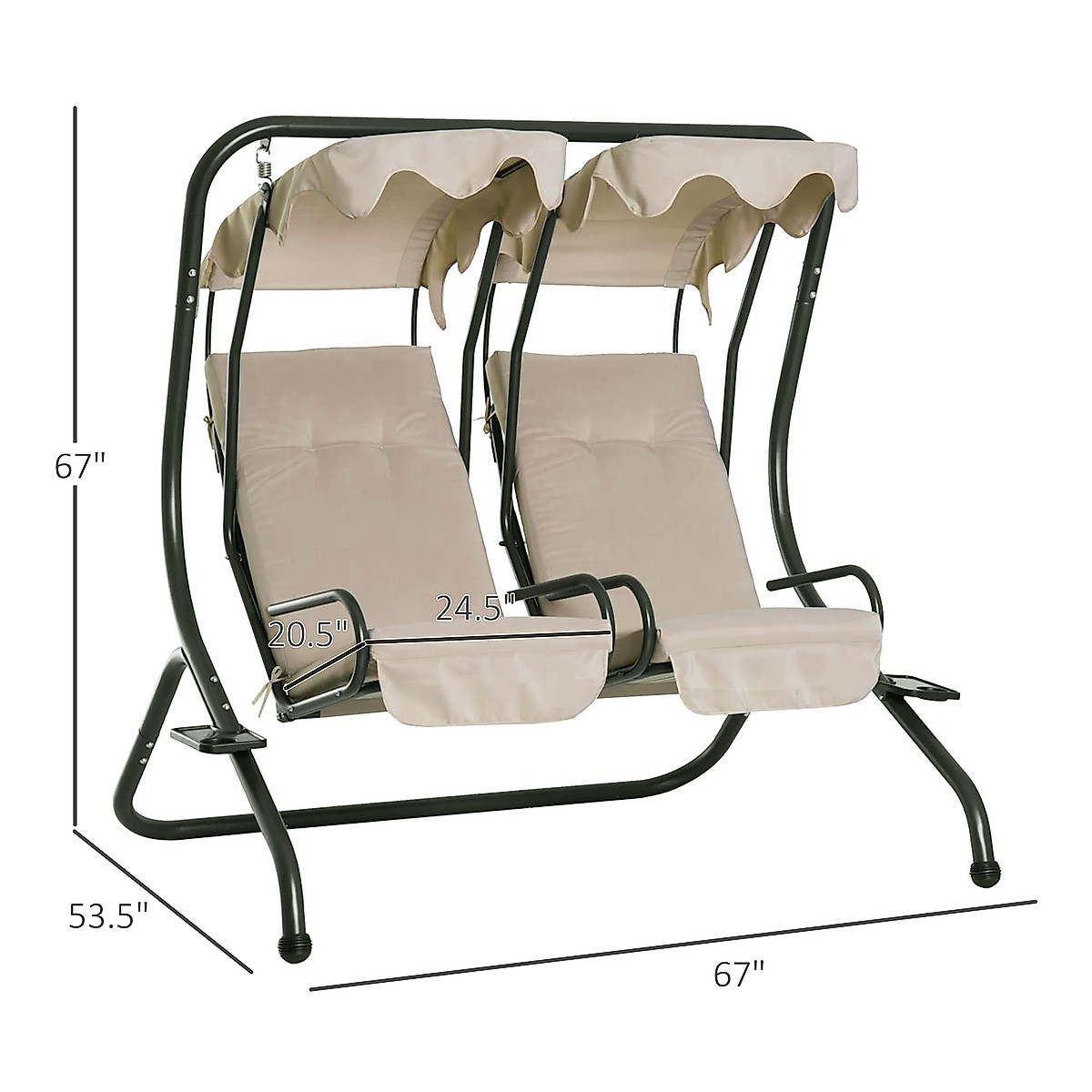 Outsunny Patio Swing Chair with 2 Separate Seats, Outdoor Swing Glider with Removable Canopy and Cup Holders, for Porch, Garden, Poolside, Backyard, Beige