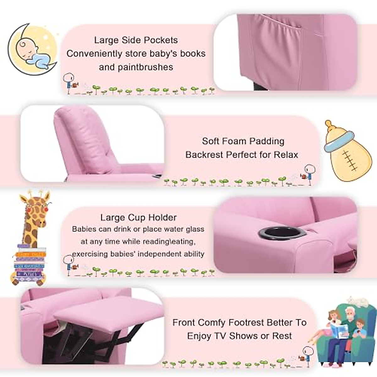 hzlagm Kids Recliner Chair with Cup Holder, Toddler Recliners for Kids Age 0-5 with Side Pockets and Non-Slip Footstool, Child Recliners for Girls Boys Kids Room, Children's Rooms, Pink