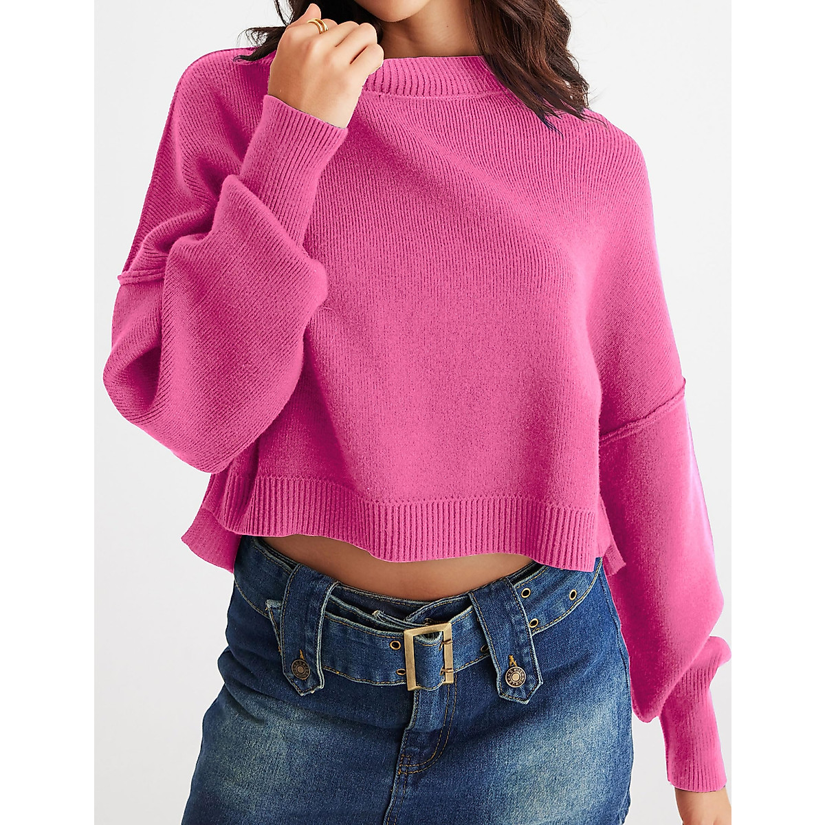 MEROKEETY Oversized Cropped Sweaters for Women Fall 2025 Trendy Crewneck Batwing Sleeve Knit Tops Side Slit Pullover Sweater Jumper HotPink Small