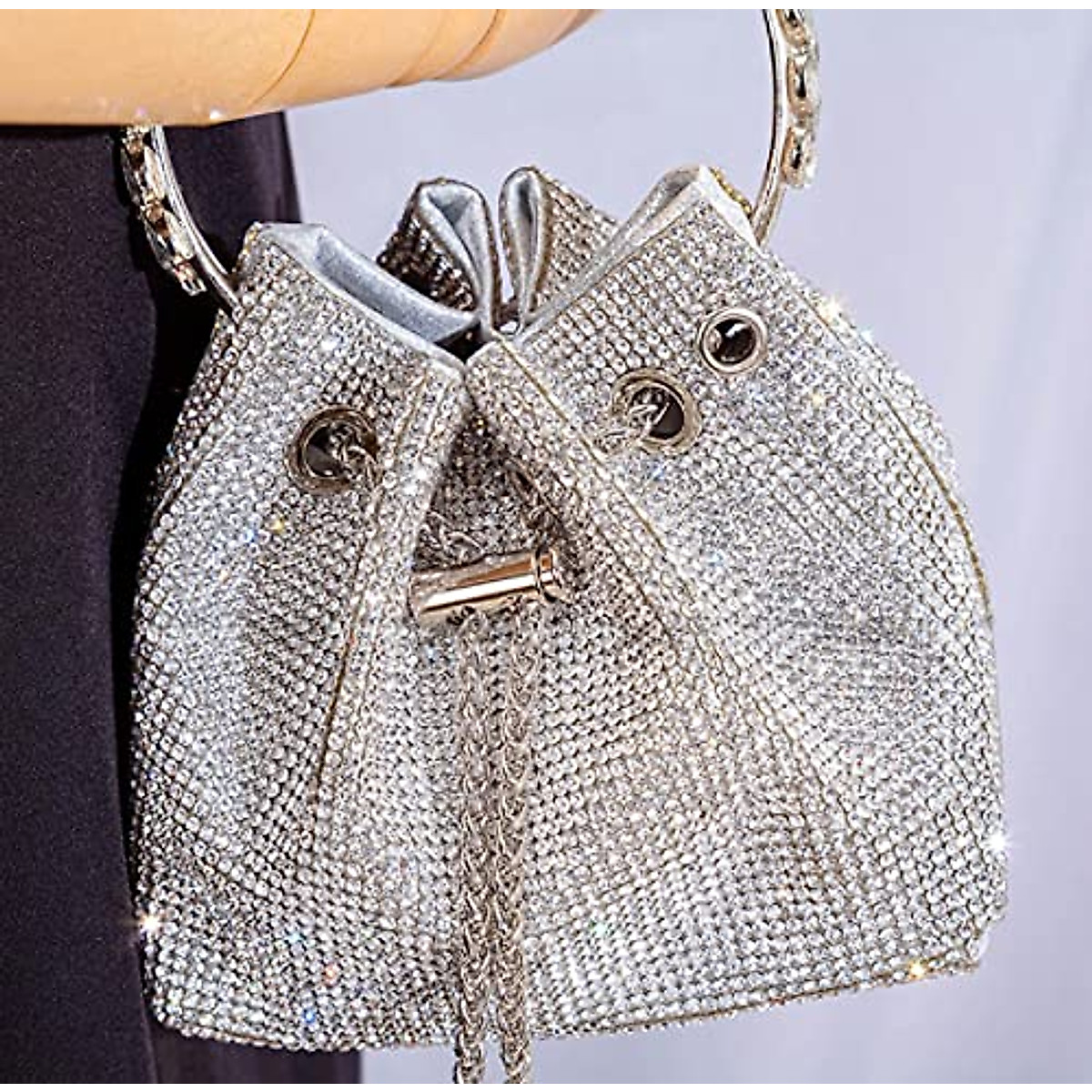 YABINA Fashion Women Luxury Crystal Evening Clutch Bag for Prom Cocktail Party Wedding Engagement Crossbody Chain Bag (A-Sliver)