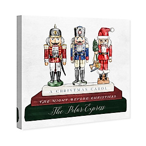 Wynwood Studio WynHoliday Christmas Seasonal Canvas Wall Art Painting Print 'Holiday Nutcracker Books' Christmas Home Décor, 12" x 12", Green, Red