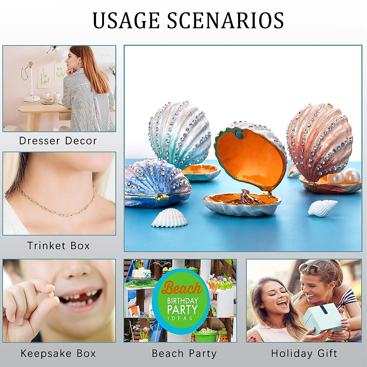 YU FENG Jeweled Seashell Figurine Trinket Boxes Hinged Collectible Painted Enameled Small Ocean Animal Jewelry Box(Ocean Blue)