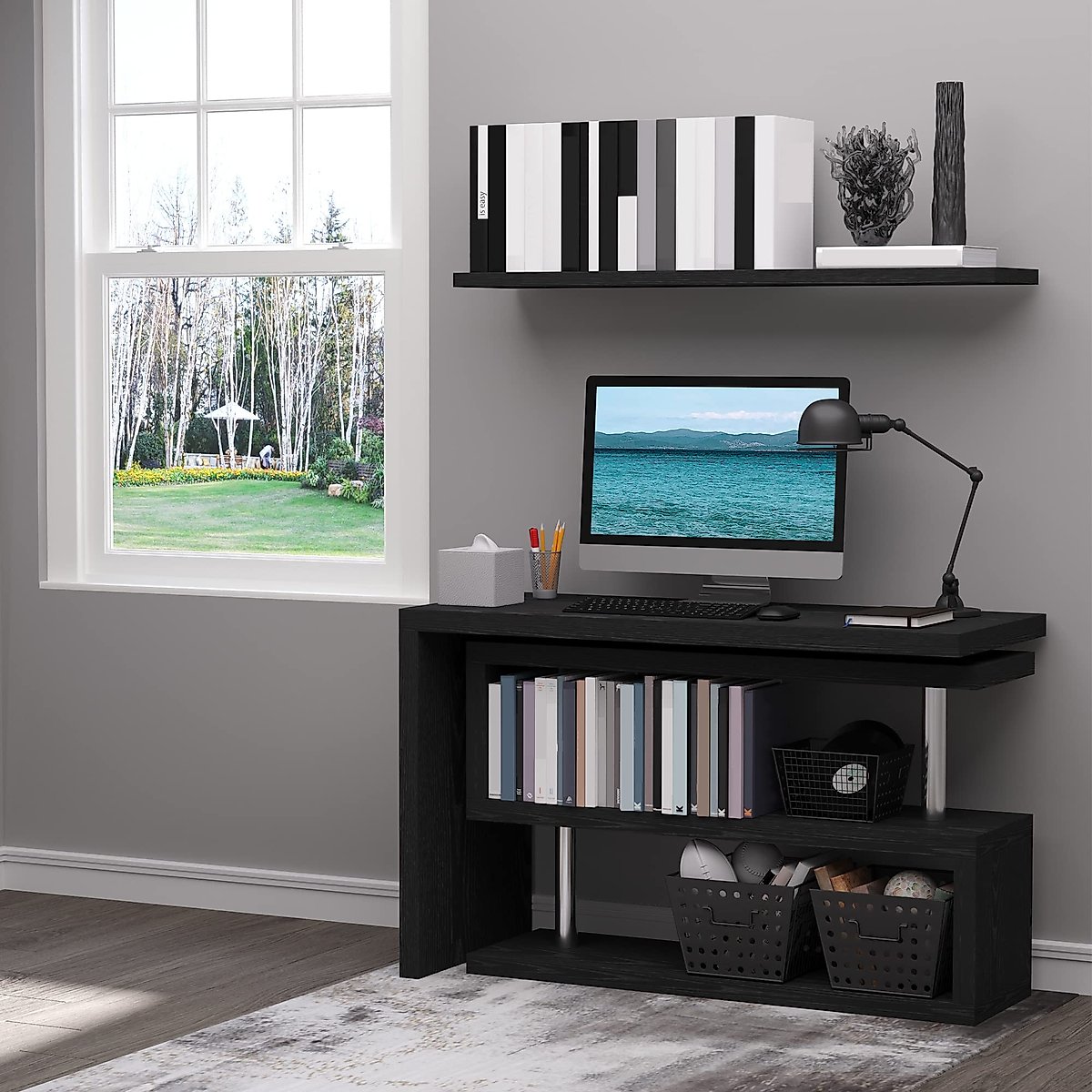 HOMCOM 360 Degree Rotating Corner Computer Desk, L Shaped Desk, Home Office Workstation with 3-Tier Storage Shelves, Black