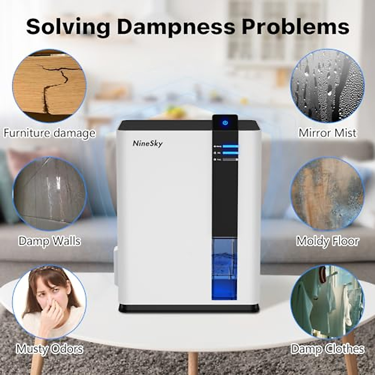 NineSky Dehumidifier, 98 OZ Dehumidifier for Home, (800 sq. ft.) Dehumidifiers for Bathroom, Bedroom with Auto Shut Off, 5 Colors LED Light(H2 White）