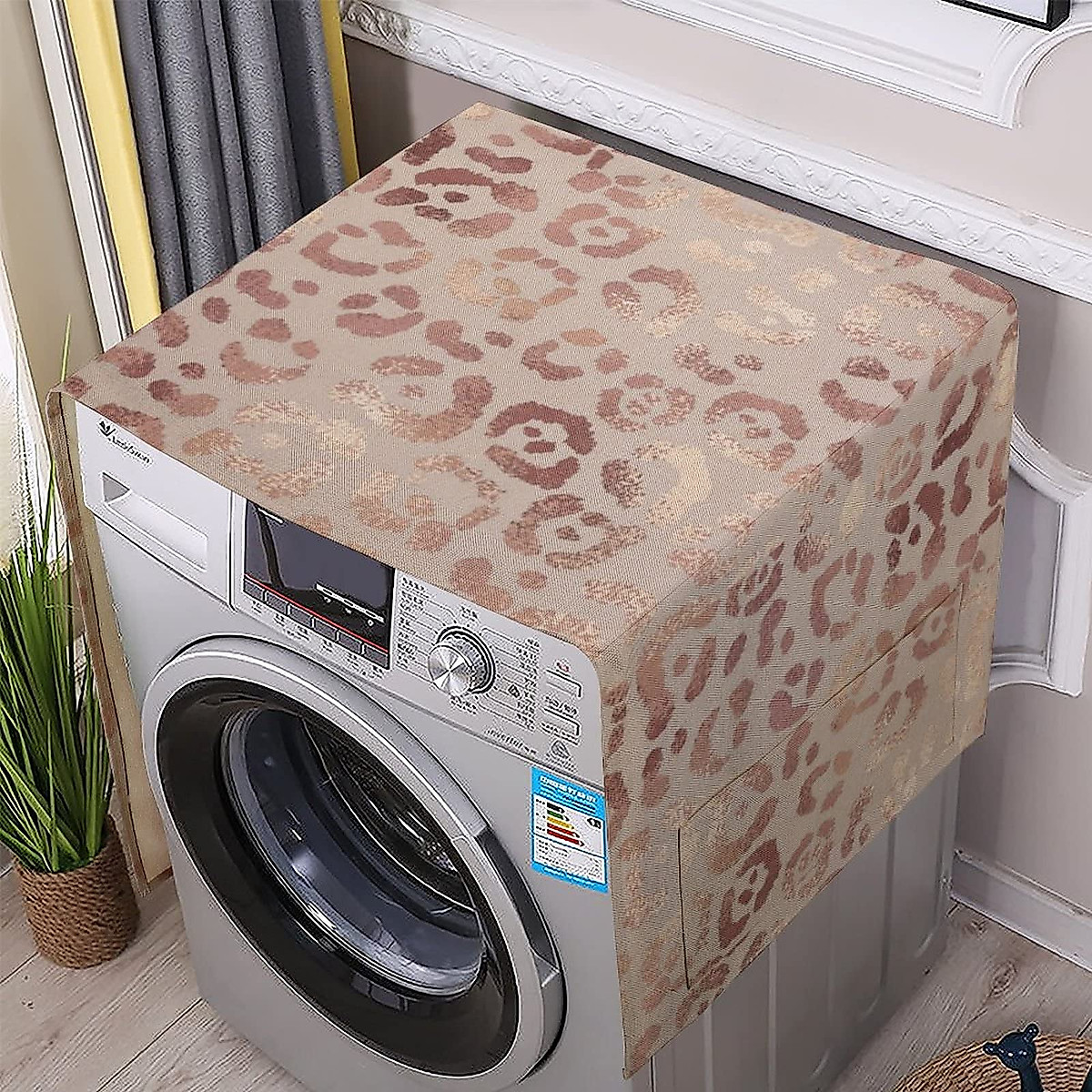 Rose Gold Leopard Pattern Washing Machine Dryer Top Cover Refrigerator Fridge Dust-Proof Cover with Storage Pockets Bags Sunscreen Cover Kitchen Christmas Decor