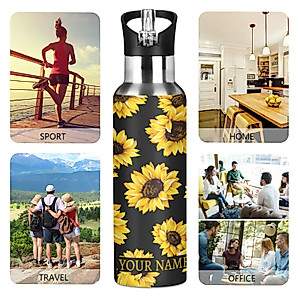 ALAZA Custom Sunflower Water Bottle with Name for Kids Girls with Straw Personalized Insulated Stainless Steel Water Flask Thermos for School Sport 20 Ounce