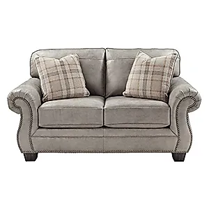 Signature Design by Ashley Olsberg Faux Leather Loveseat with Nailhead Trim and 2 Accent Pillows, Gray