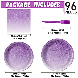 96Pcs Ombre Purple Party Decorations Supplies for Birthday Tableware Set Light Pastel Purple Paper Plates Napkins Forks for 24 Guests Wedding Anniversary Lavender Dinnerware Table Party Favors