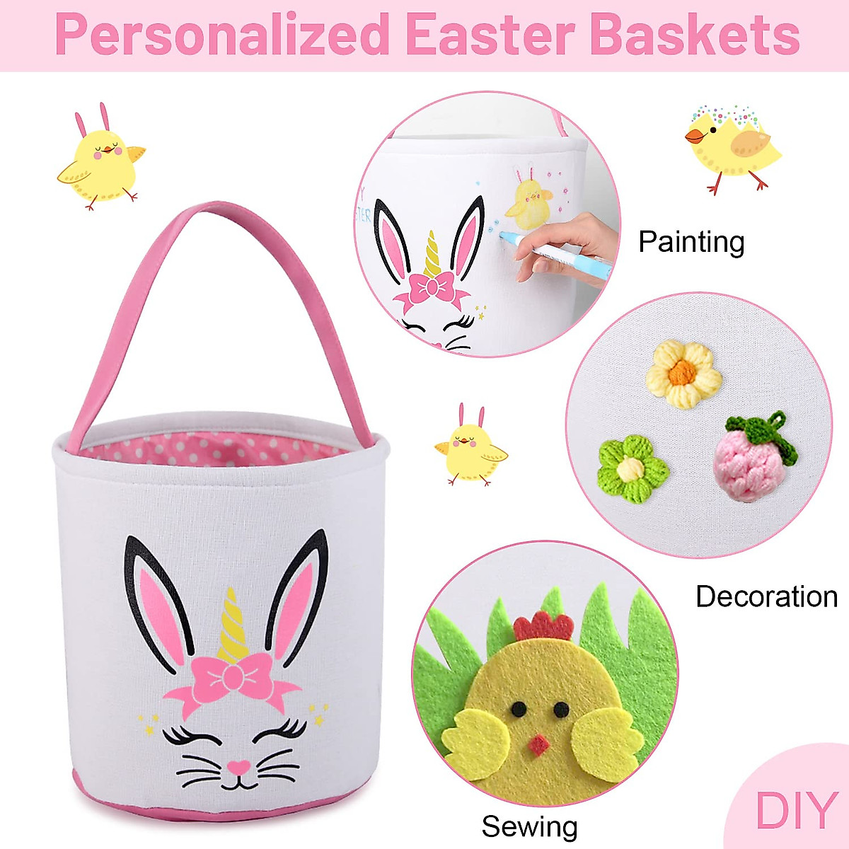 2PCS Large Easter Basket Empty for Teens Boys Girls Kids + Easter Banner + Pen, Bunny Personalized Easter Basket for Candy Stuffers Gifts Toys Egg Hunt Tote Bag Bucket, Party Favors Easter Basket Bulk