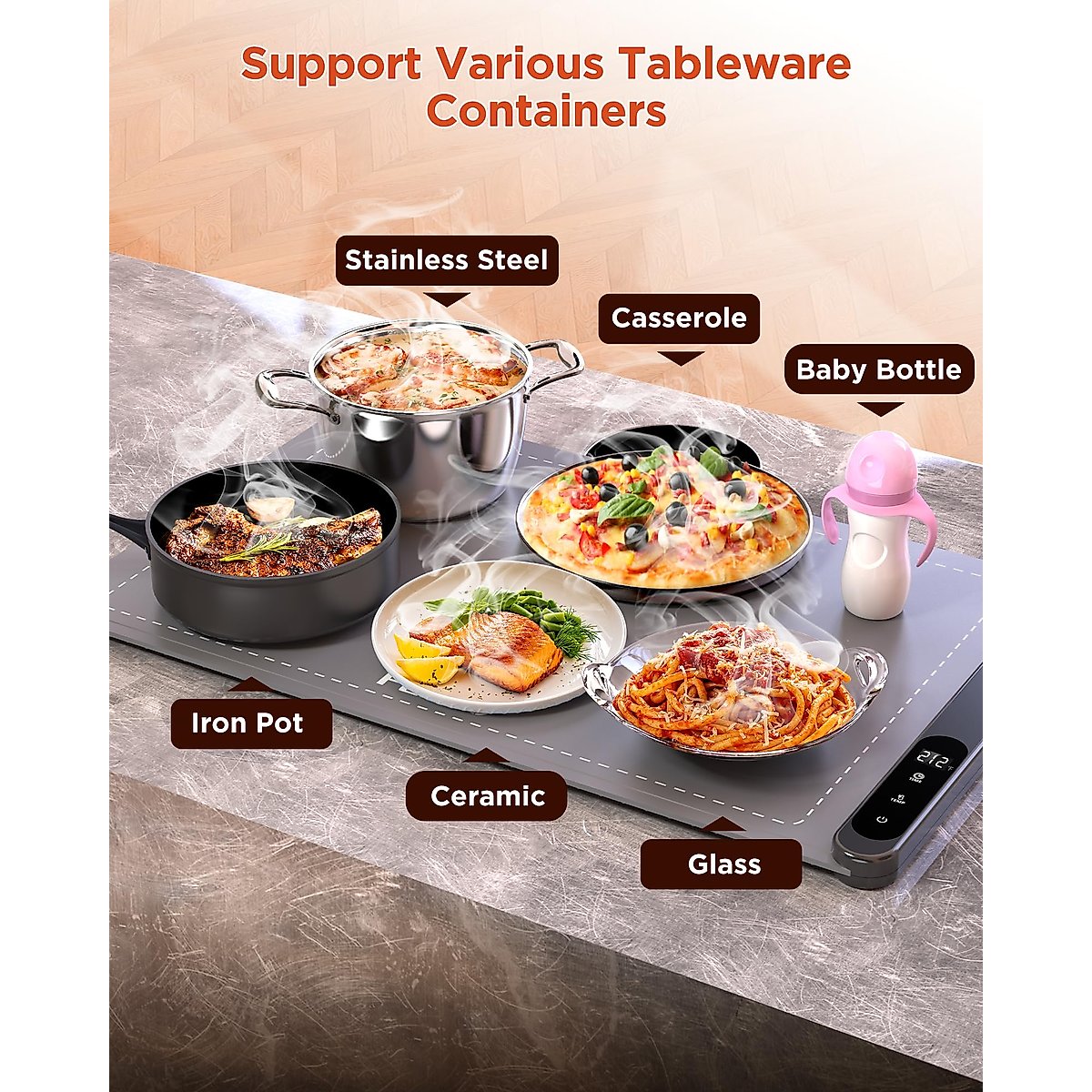 FEPPO Food Warming Mat, Upgrade High-tech Graphene Heating Film, Fast Full Surface Electric Warming Tray with 6 Level Adjustable Temperature and 6 Hours Timer, Roll Up Food Warmers for Parties Buffet