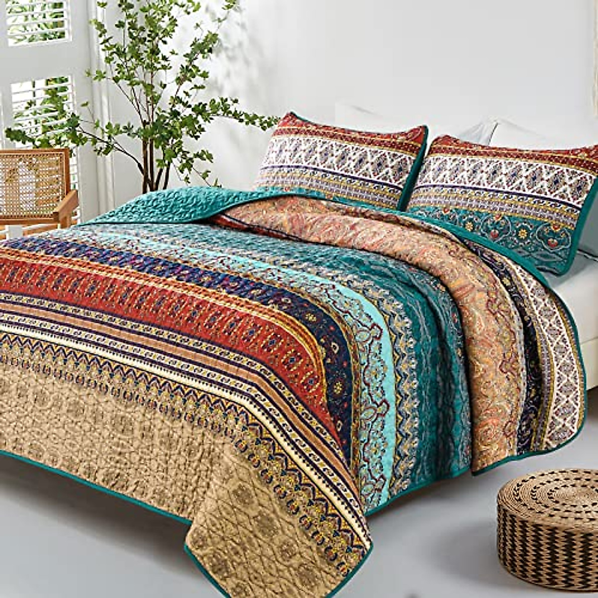 WONGS BEDDING Boho Queen Quilt Set, Green and Brown Bohemian Queen Quilt Bedding Set, Lightweight Microfiber Bed Decor Bedspread for All Season 96"x90"(3 Pieces)