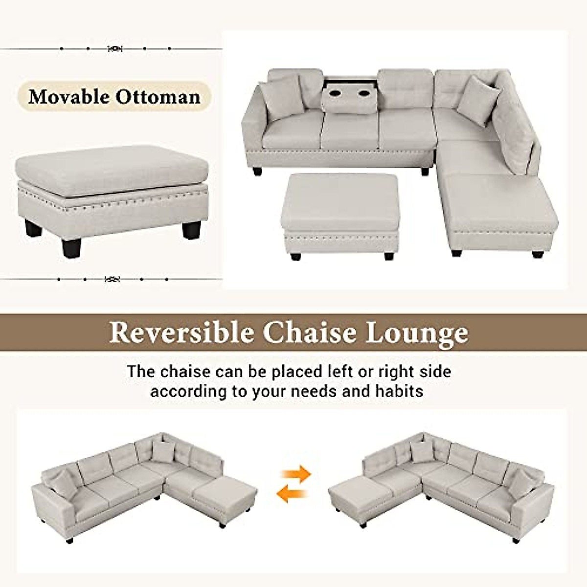 Eafurn L Shaped Sectional Reversible Chaise and Drop Down Table & Cupholders, Upholstery Corner Storage Ottoman, Tufted Convertible Sofa & Couch for Living Room Furniture Set, Gray