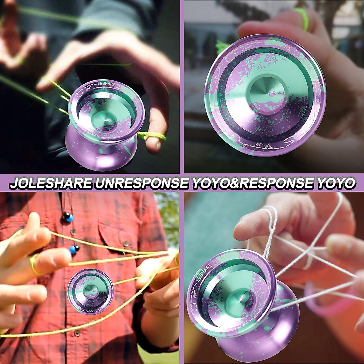 JOLESHARE Professional Unresponsive Yoyo for Pros and Responsive Yoyos for Kids Beginners, Package Includes Replaceable Responsive Bearings, yo-yo Gloves, and 5 yo-yo Cords(Purple Green)