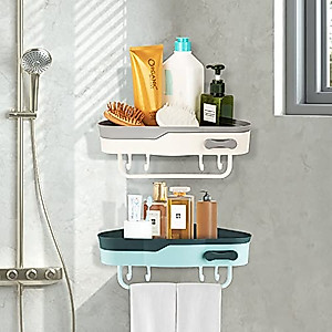 HLWDFLZ Corner Shower Caddy, 2 Pack Wall Mounted Adhesive Plastic Shower Organizer with Towel and Hooks, Removable Shower Organizer Corner Basket for Bathroom and Kitchen