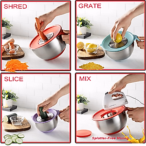 Stainless Steel Mixing Bowls with Lids (Set of 3) - Features Long Handles, Pour Spout, Non Slip Colorful Silicone Bottom, 3 Graters, & Measurement Marks. Ideal for Baking, Serving, Food & Salad Prep.