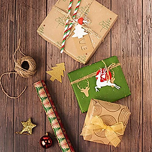 RUSPEPA Christmas Wrapping paper - Brown Kraft Paper with Red and Green Pattern For -Christmas Elements Collection-6 Roll-30Inch X 10Feet Per Roll