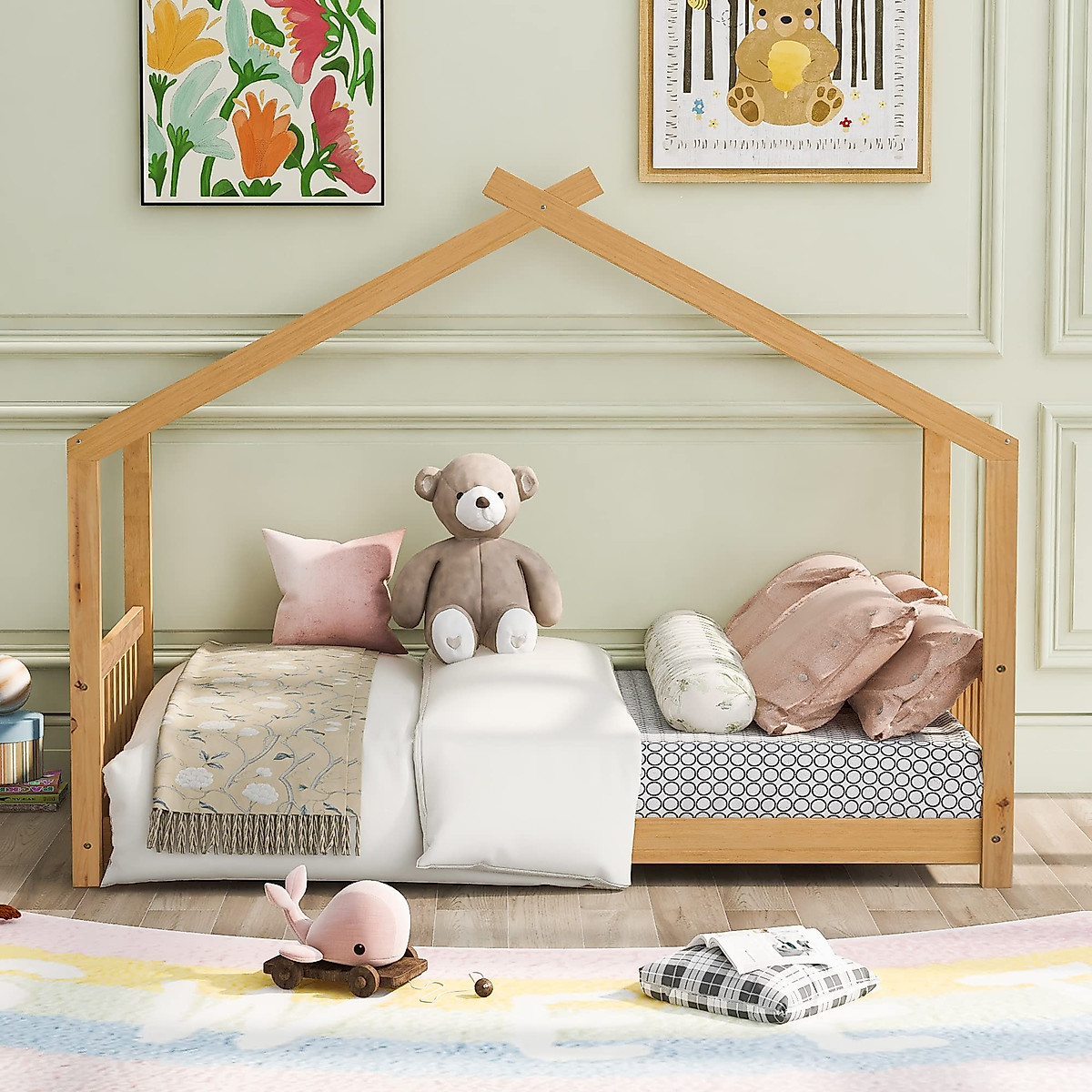 Harper & Bright Designs Toddlers House Platform Beds, Solid Wood Twin Size Floor Montessori Bed with Headboard & Footboard, House Cabin Bed Frame for Kids, Teens, Girls, Boys (Natural)