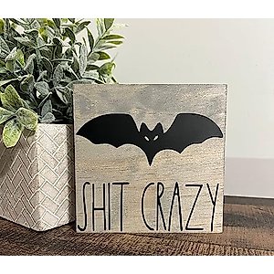 Bat Poop Crazy Layered Tray Sign, Rustic Decor, Spooky Halloween Sign, Zombie, Halloween Town, Fun Fall Sign Farmhouse Mini Bathroom Sign Decoration Fun Wooden Bookshelf 10"