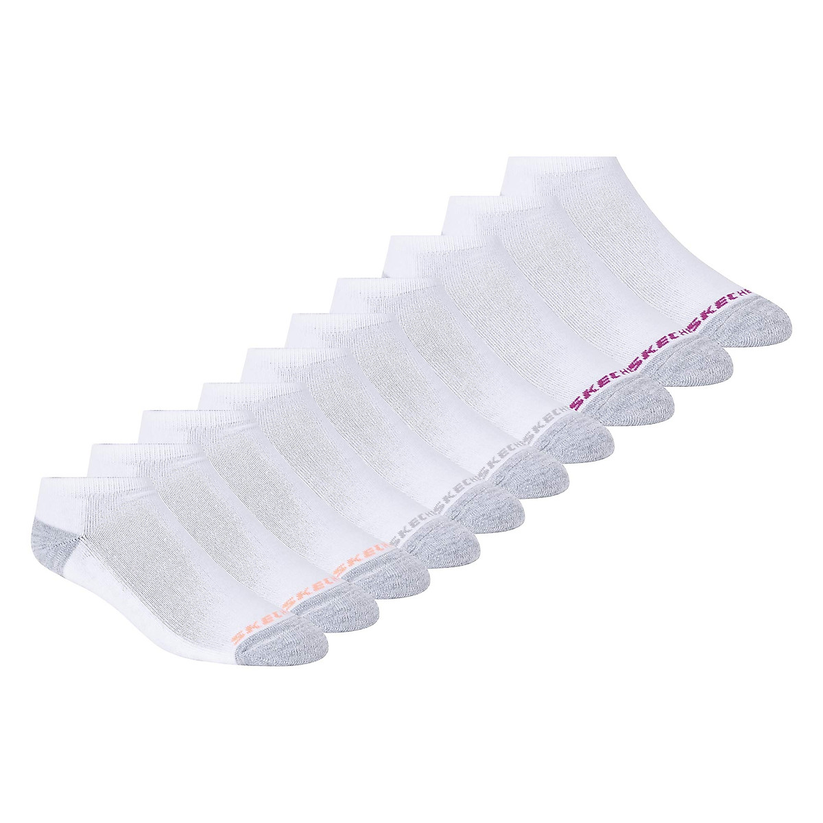 Skechers womens 10 Pack No Show Running Socks, White/Orange, 9 11 US