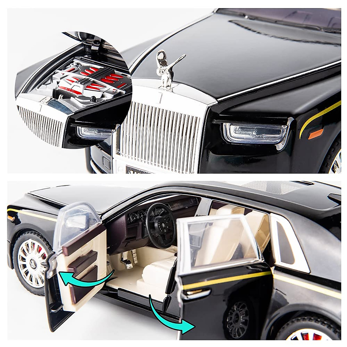 WAKAKAC 1/20 Phantom Model Car Alloy Diecast Collectible Pull Back Toy Car Classic Double Door Model Vehicle Logo Can Be Folded(Black)