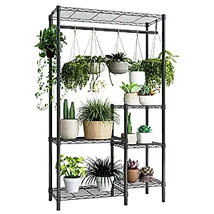 Xiofio Plant Stands for Indoor Plantsd Outdoor Plant Shelf, 6 Tier 16 Pots Flower Pots Holder Storage Shelf Flower Stands With hanger rod for Living Room Balcony and Garden,Black